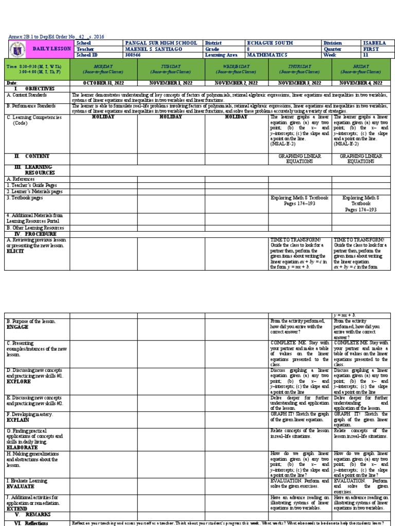 Grade 8 Mathematics Daily Lesson Log | PDF | Equations | Polynomial