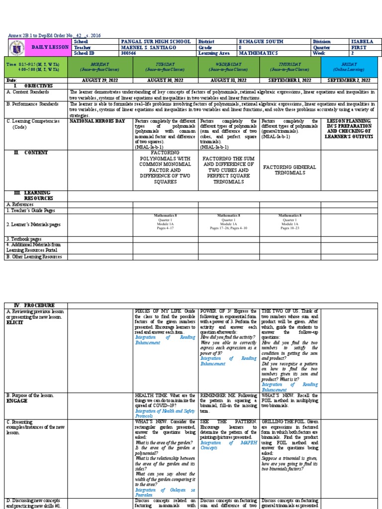 Math 8 Q1 Week 2 Lesson Plan | PDF | Factorization | Equations