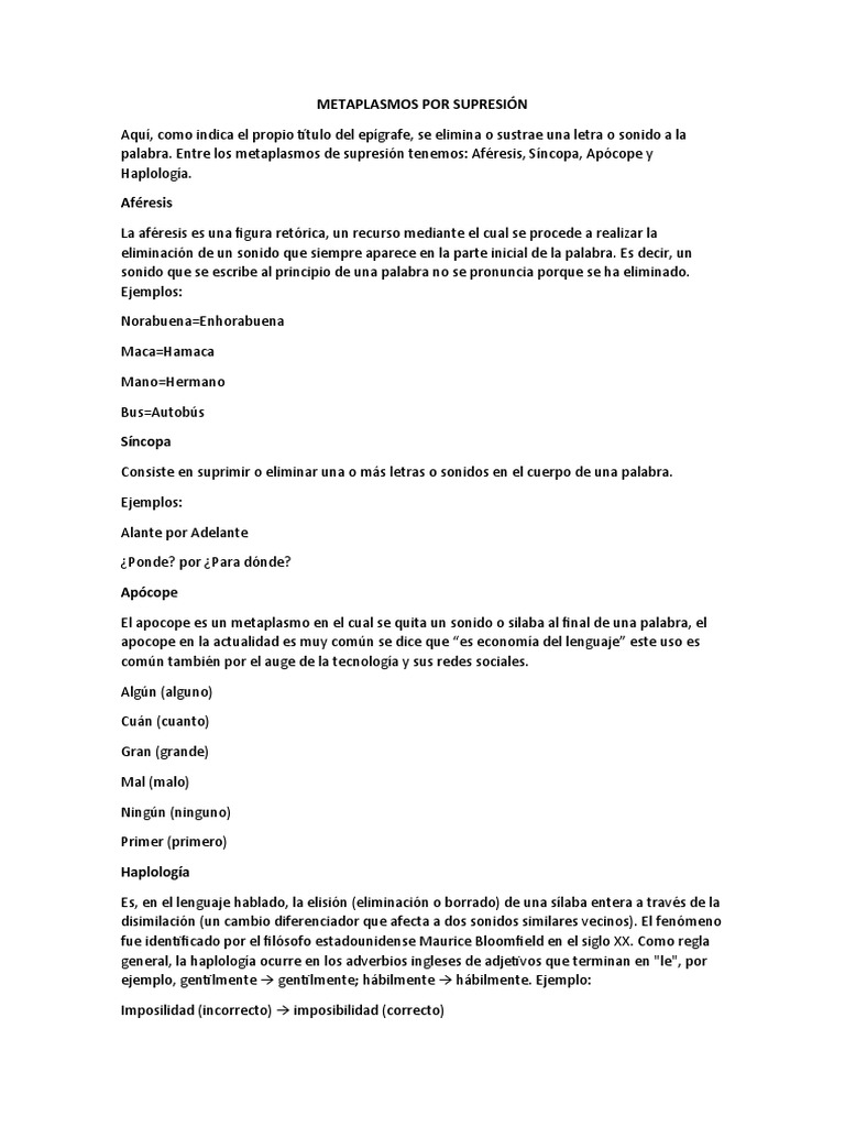 Metaplasmos Por Supresión Clase | PDF | Artes del Lenguaje y ...