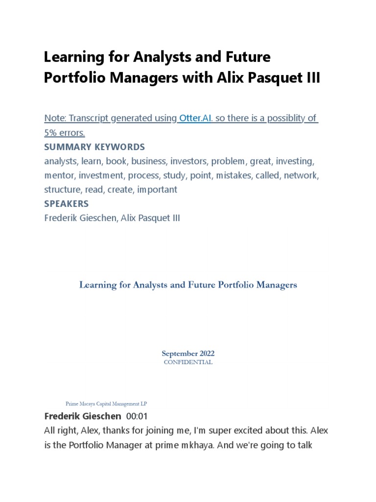 Learning For Analysts and Future Portfolio Managers With Alix Pasquet ...