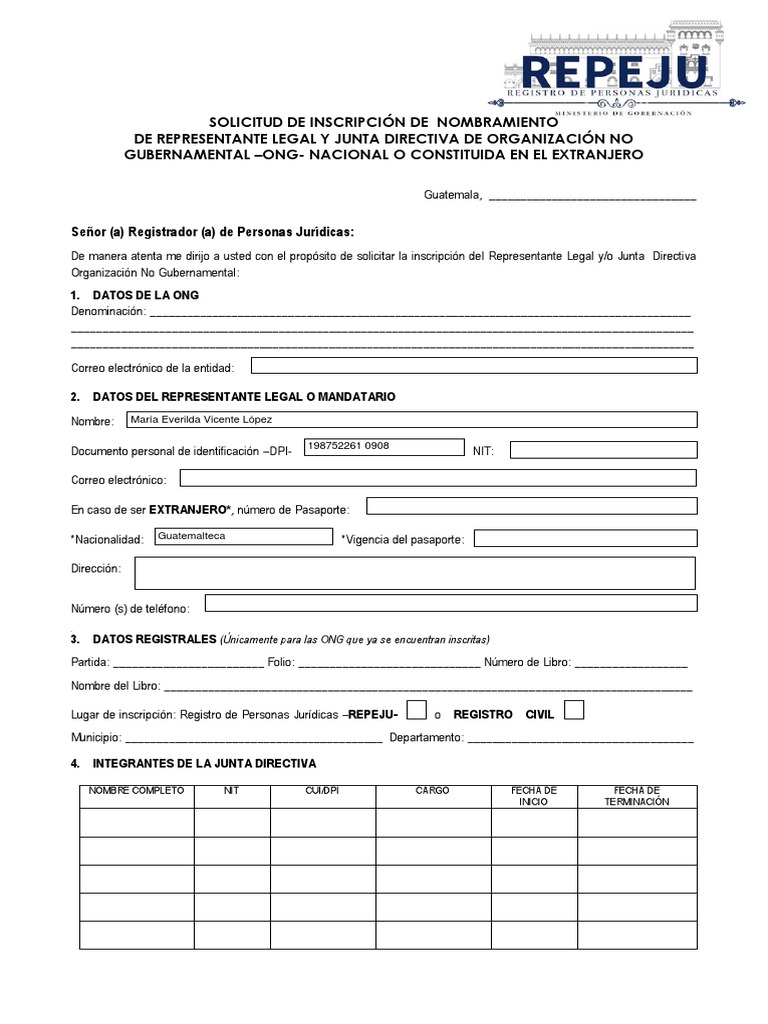 Formulario de Solicitud de Inscripcion de Representante Legal y Junta Directiva de Ong 1 | PDF ...