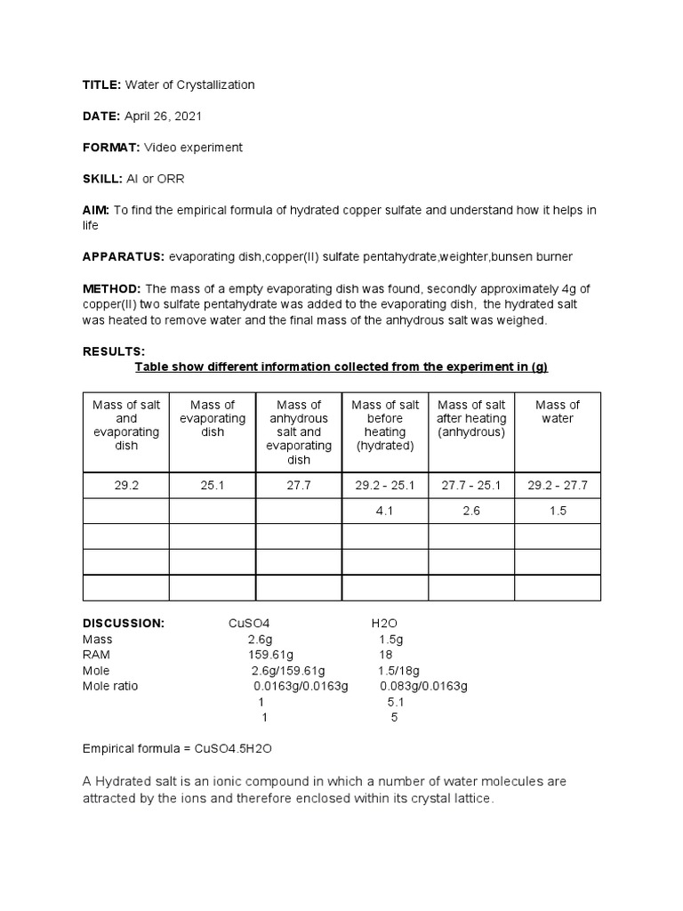 Water of Crystallization Lab Report | PDF | Physical Sciences | Chemistry