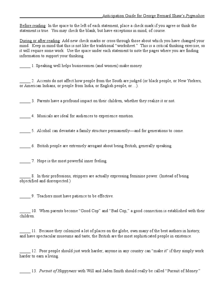 Anticipation Guide for Pygmalion | PDF | Mind | Psychology