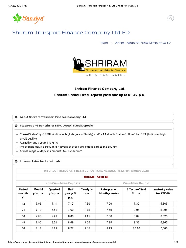 Shriram Transport Finance Co. LTD Unnati FD - Sanriya | PDF | Financial ...