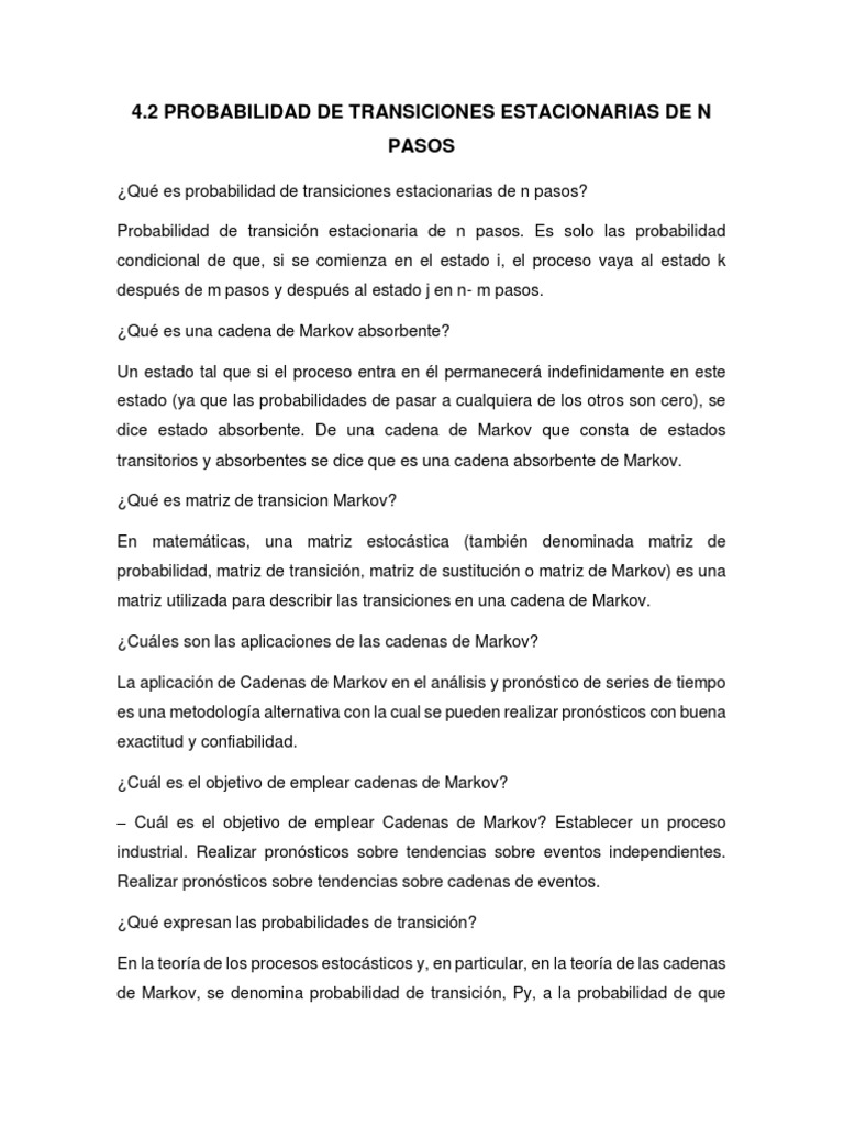 Articulo Del Tema 4.2 Probabilidad de Transiciones Estacionarias de N Pasos | PDF | Cadena ...
