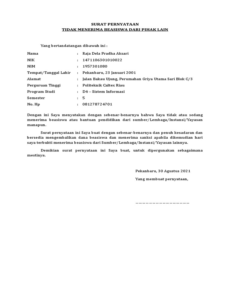 Contoh Format Surat Tidak Menerima Beasiswa Dari Pihak Lain | PDF