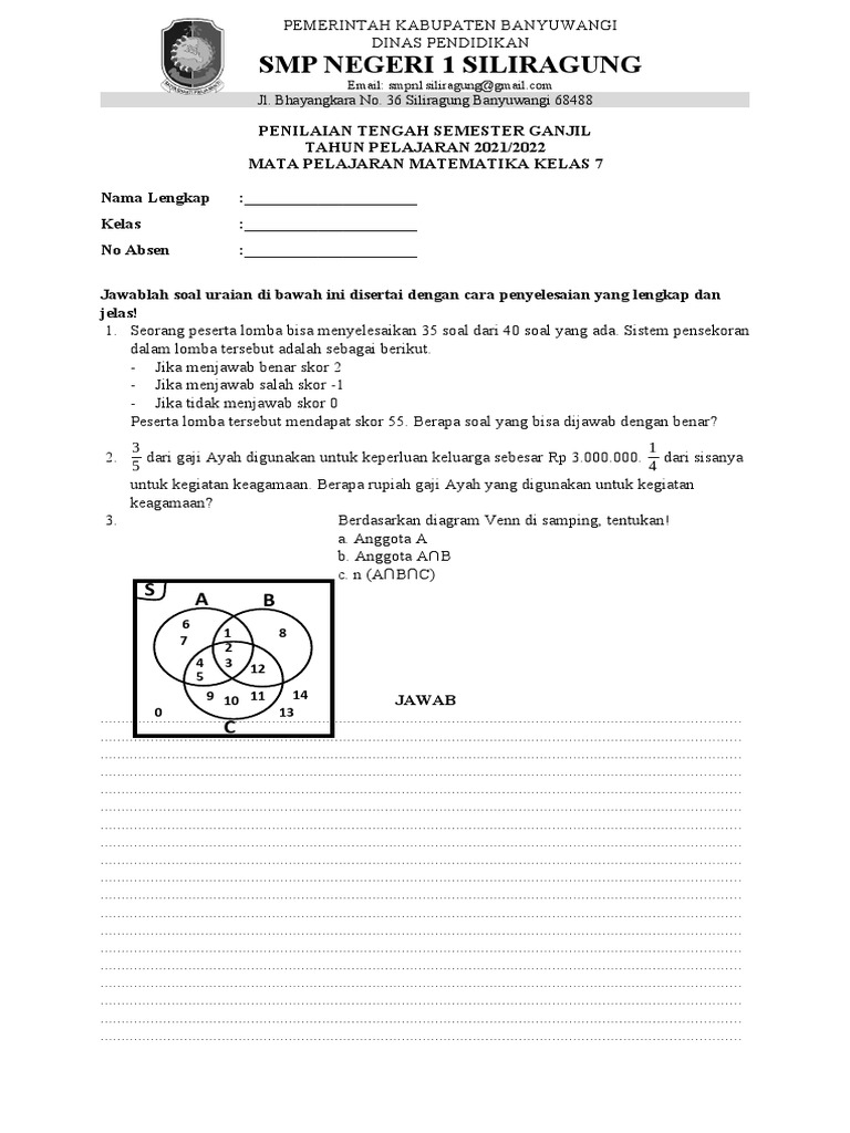 Soal PTS Matematika Kelas 7 | PDF