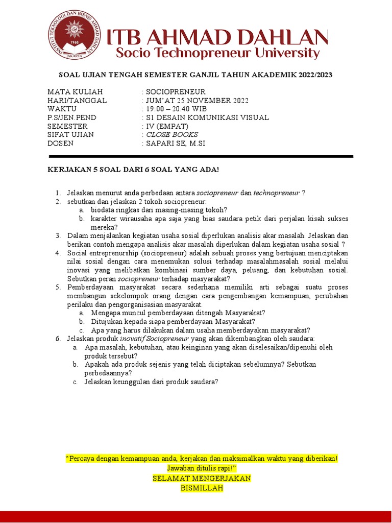 Soal Uts Sociopreneur Sapari. Se.m.sidocx | PDF