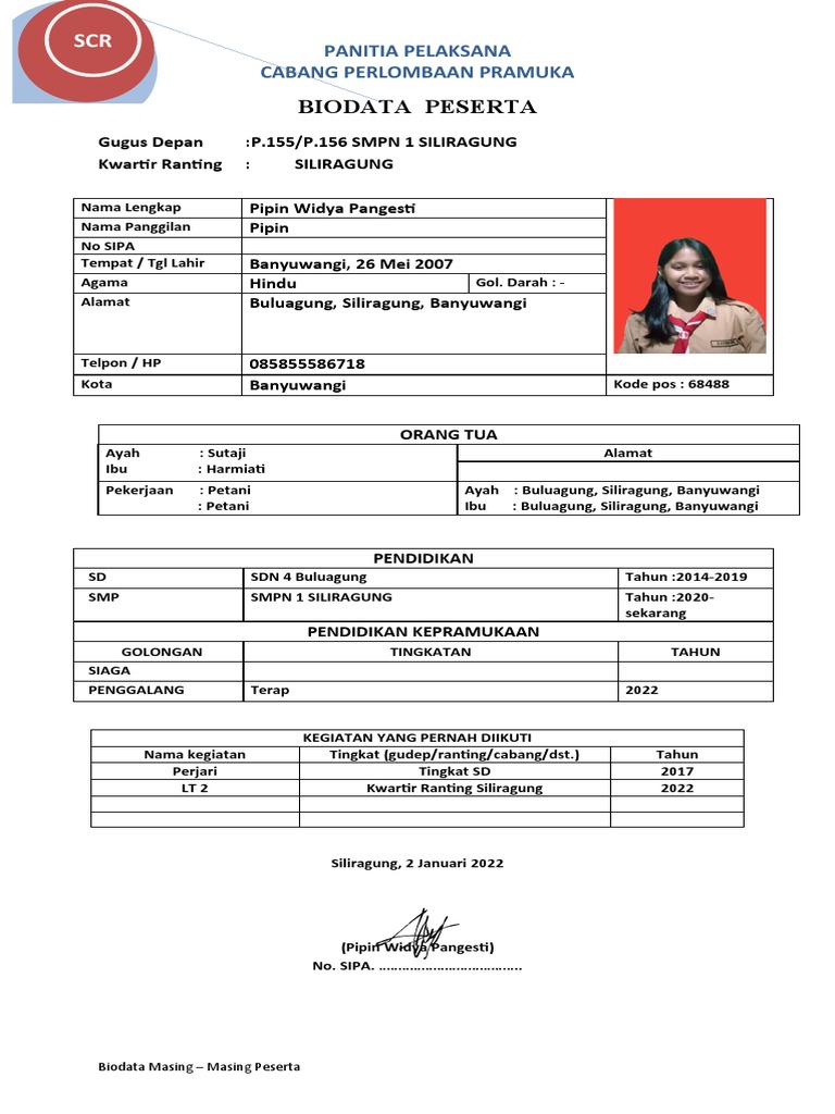Biodata Peserta Pramuka-Pipin | PDF