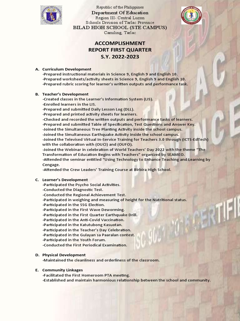 ACCOMPLISHMENT REPORT FOR FIRST QUARTER - Compressed | PDF | Pedagogy ...