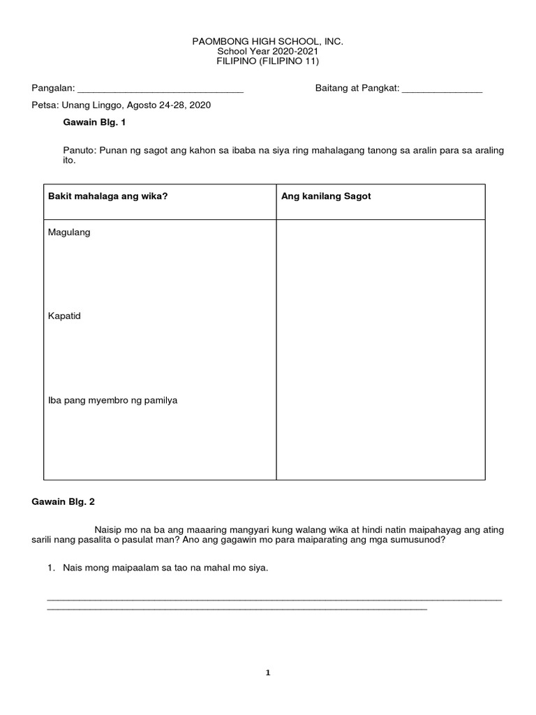 Filipino Lesson 1 Activity 1 | PDF