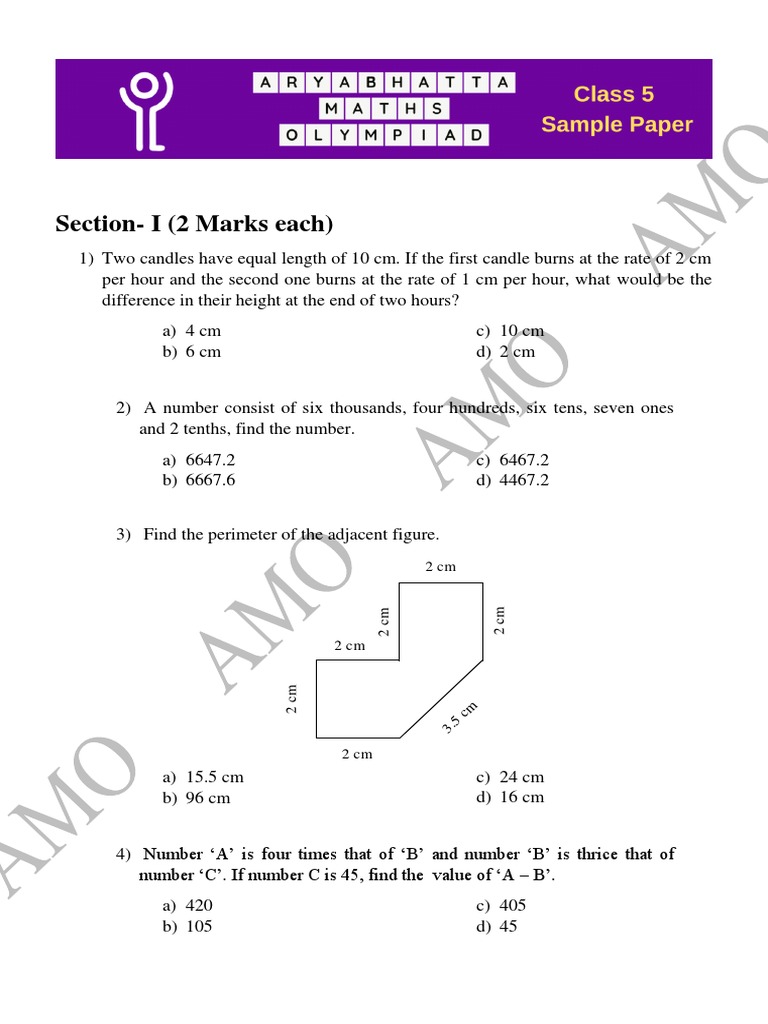 AMO Sample Paper - Class 5 | PDF | Elementary Mathematics | Elementary ...
