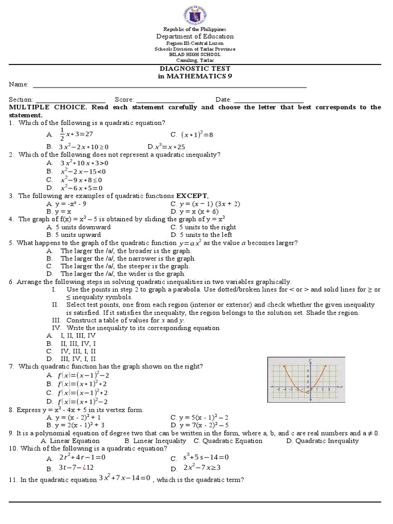 1st Quarterly Examination Math 9 | PDF | Quadratic Equation | Equations