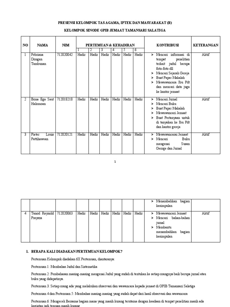 Form Presensi Tas Iptek Kelompok Sinode Gpib Tamansari Salatiga | PDF