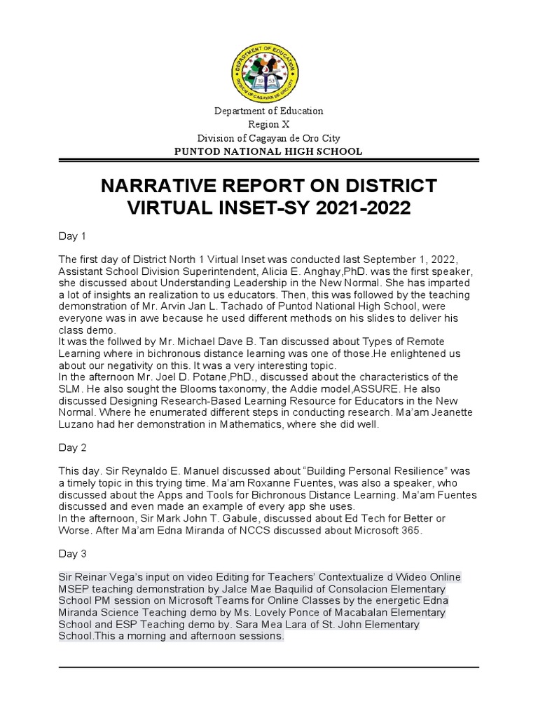 Narrative Report For District Vinset | PDF | Learning Narrative Report For District Vinset | PDF | Learning