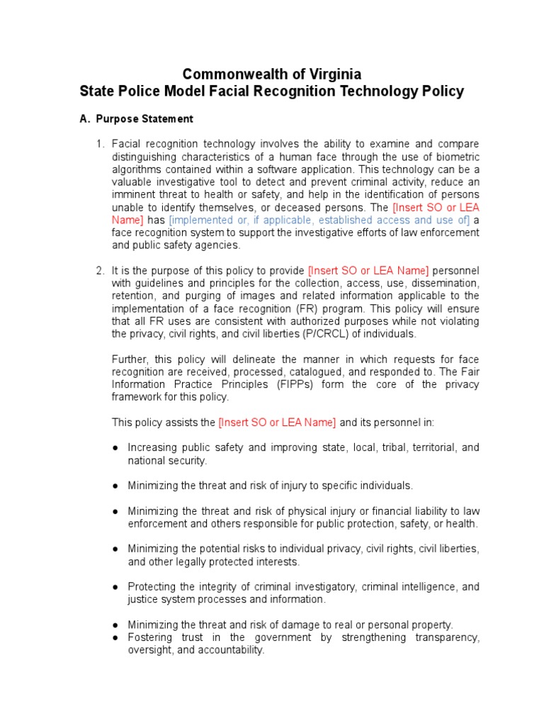 State Police Model Facial Recognition Technology Policy | PDF | Law ...