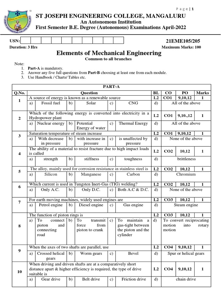 Mechanical Engineering Exam Questions | PDF | Belt (Mechanical) | Gear