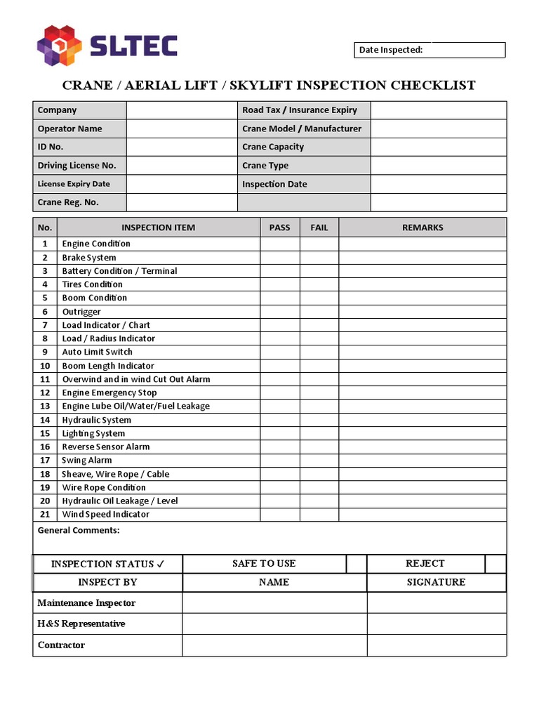 Crane Inspection Checklist | PDF | Technology & Engineering