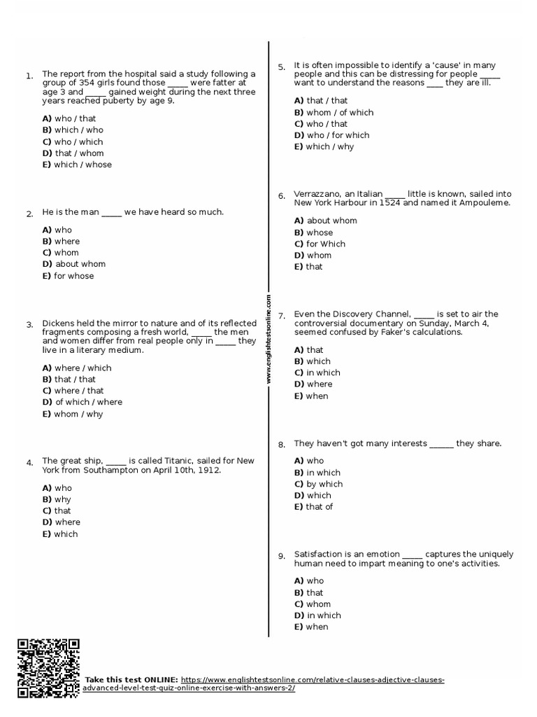 344 - Relative Clauses Adjective Clauses Advanced Level Test Quiz ...
