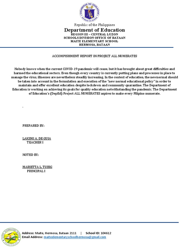 Accomplishment Report: Project ALL NUMERATES | PDF | Social Science