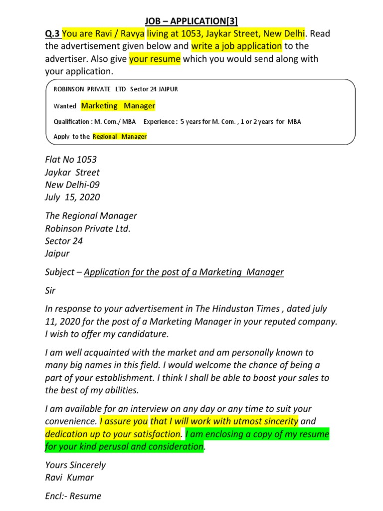 3 JOB - APPLICATION 3 CLASS XII - For The Post of Marketing Manager | PDF