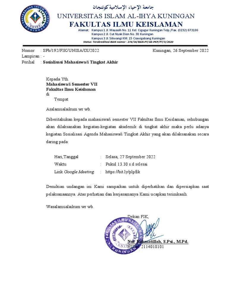 192 - Surat Undangan Sosialisasi Mahasiswa Tingkat Akhir | PDF