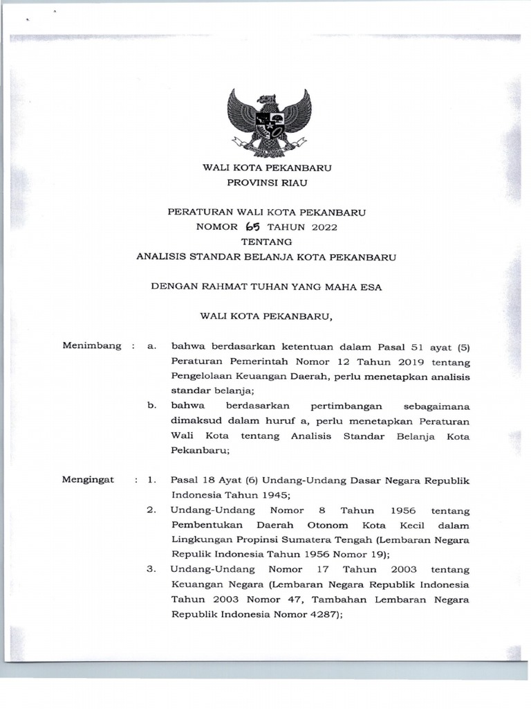 Perwako No 65 Tahun 2022 Tentang Asb Kota Pekanbaru - Cap | PDF