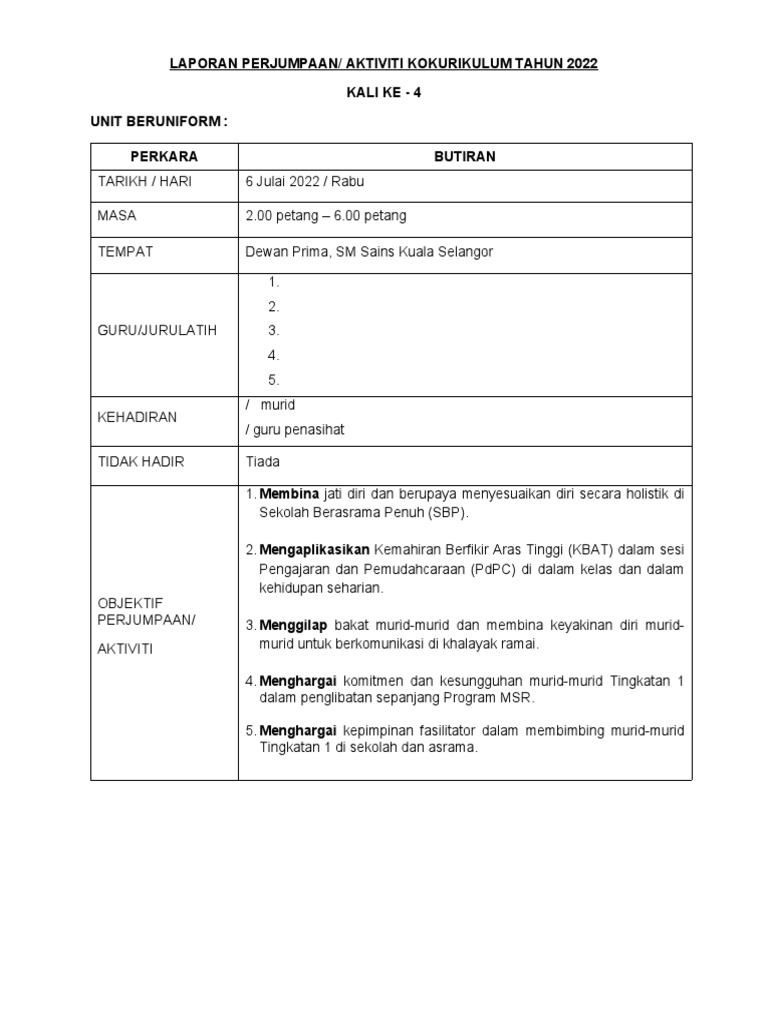 Laporan Perjumpaan Koko Unit Beruniform Bil 4 - Majlis Penutupan Program MSR T1 | PDF