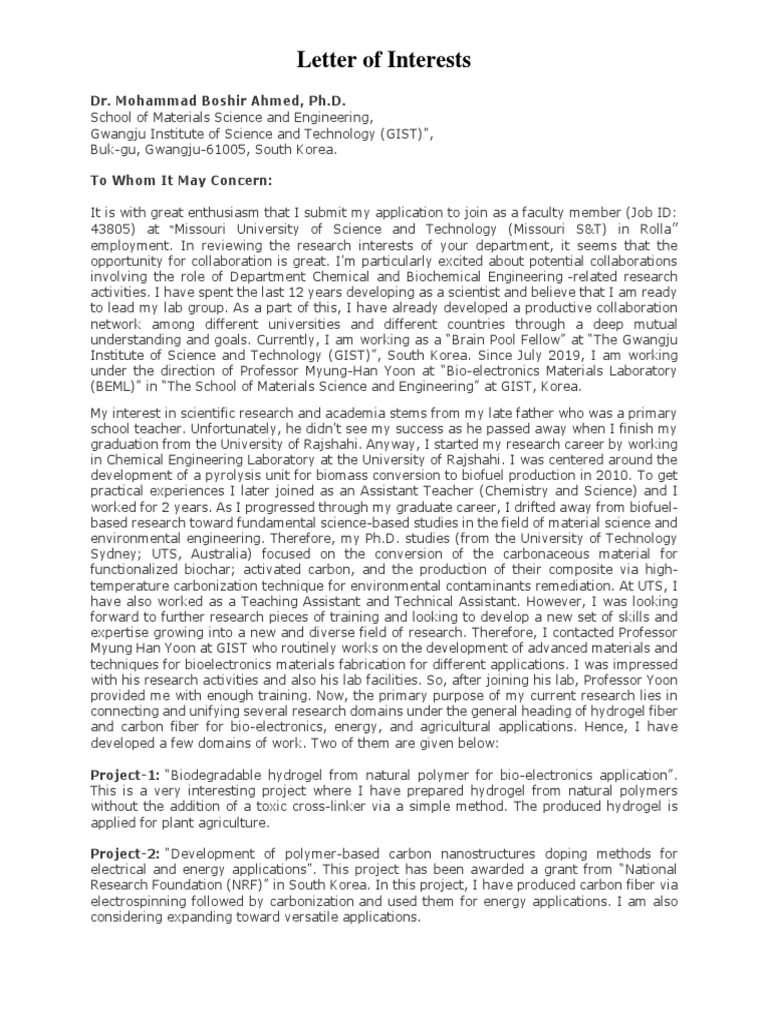 Letter of Interest | PDF | Science, Technology, Engineering, And ...
