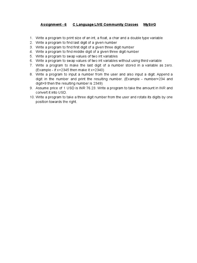 Assignment - 6 C Language LIVE Community Classes MySirG | PDF