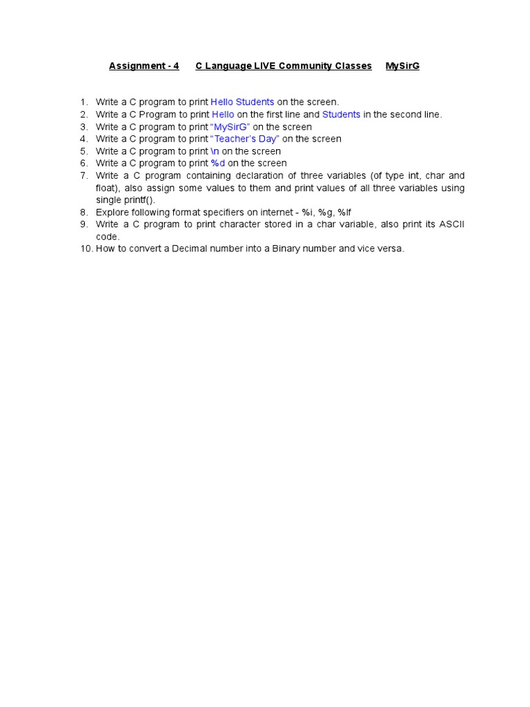 Assignment - 4 C Language LIVE Community Classes MySirG | PDF