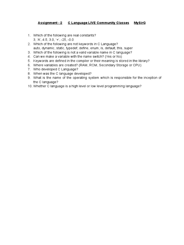 C Language Assignment Questions Guide | PDF | Business | Computers