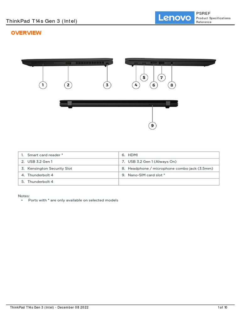 ThinkPad T14s Gen 3 Intel Spec | PDF | Usb | Computer Architecture