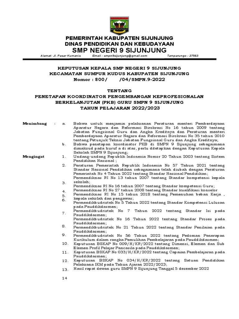 SK Koordinator PKB SMPN 9 Sjjg. | PDF