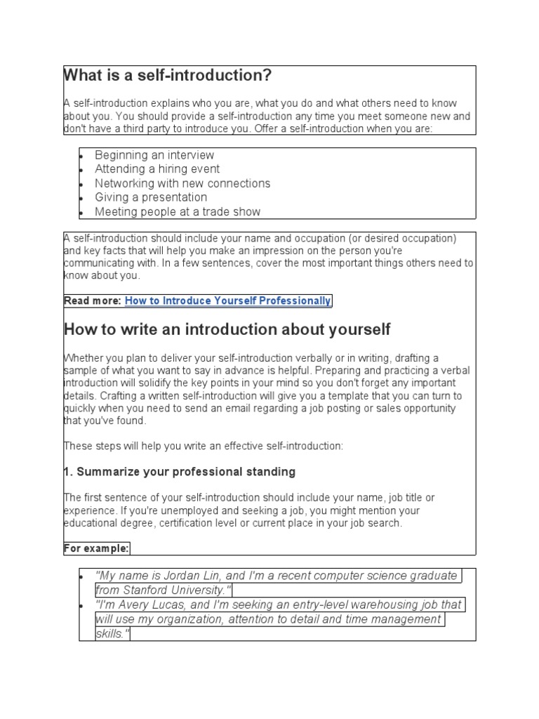 Self Introduction | PDF | Communication | Cognition
