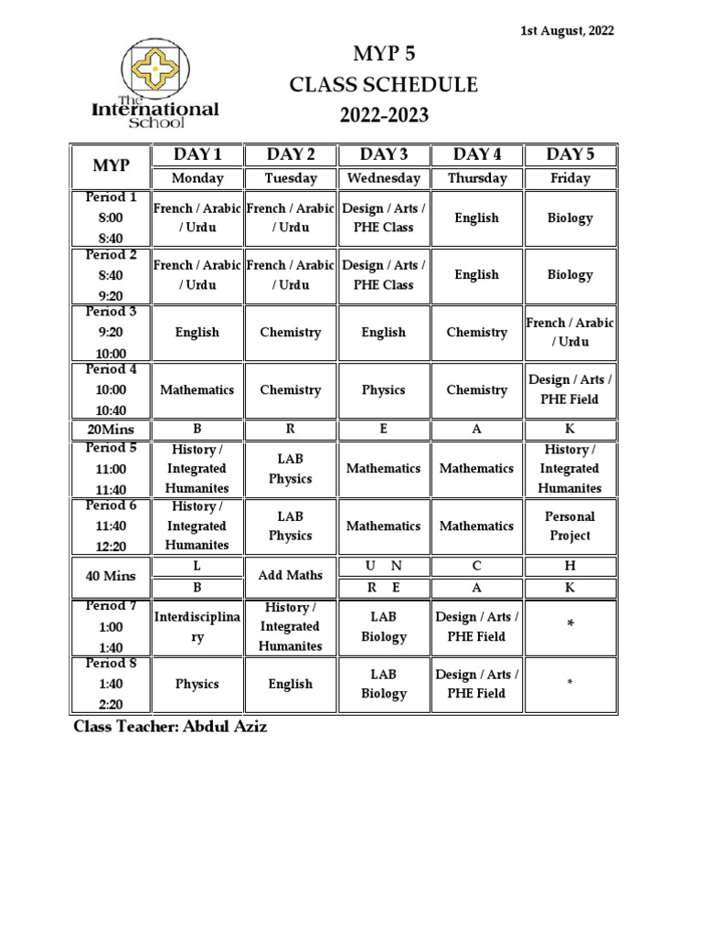 MYP 5 Class Schedule 2022-2023 | PDF