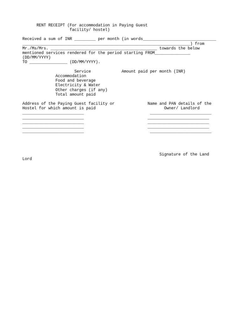 Rent Receipt Format For Paying Guest Facility and Hostel | PDF
