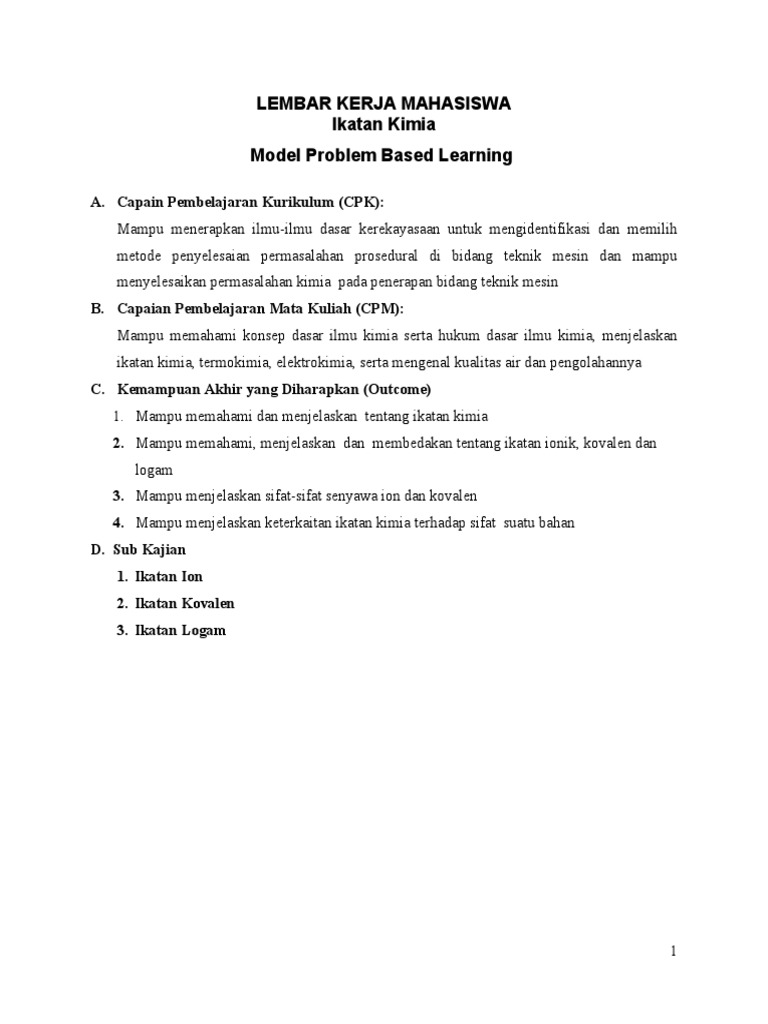 Lembar Kerja Mahasiswa Ikatan Kimia Model Problem Based Learning | PDF