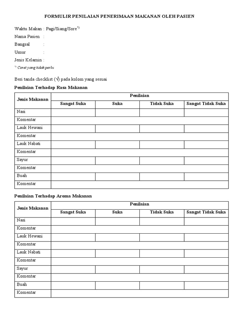 Formulir Penilaian Penerimaan Makanan Oleh Pasien | PDF
