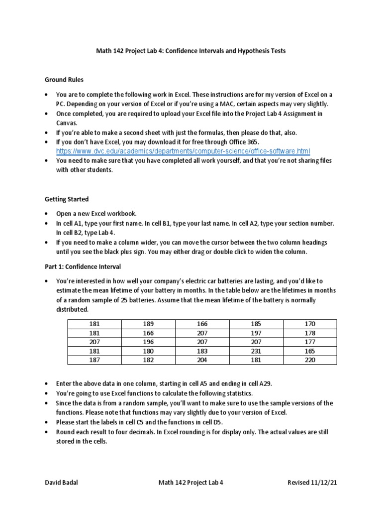 Math 142: Excel Lab on Statistics | PDF | P Value | Microsoft Excel