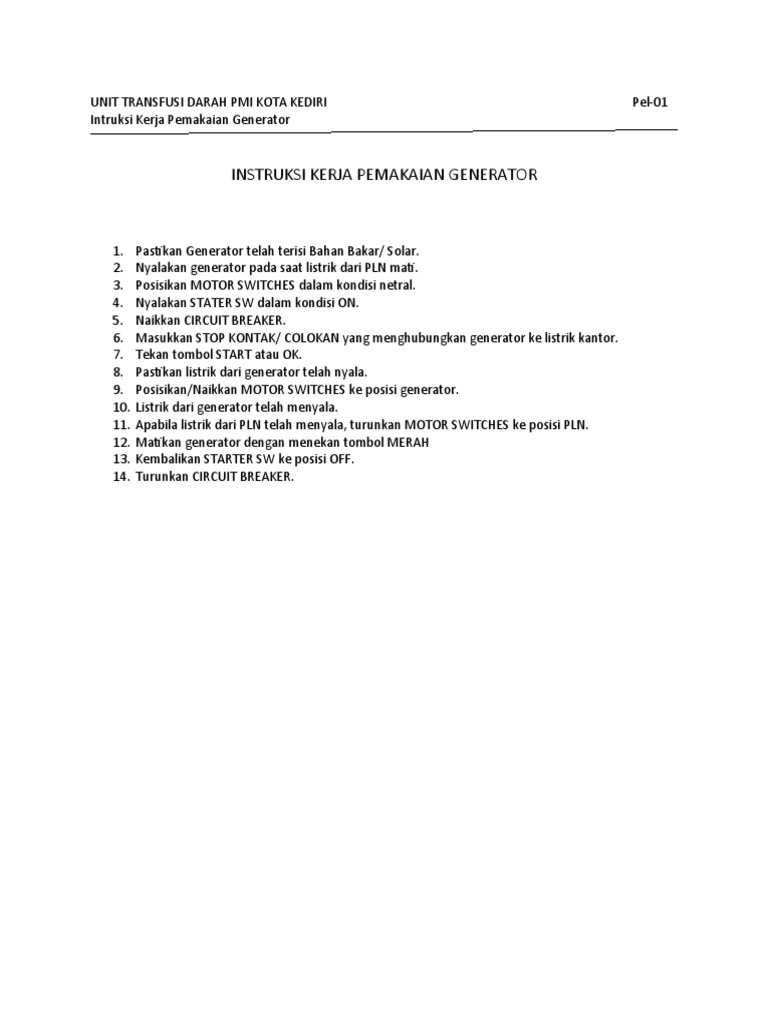 Instruksi Pemakaian Generator PMI Kediri | PDF | Teknologi & Rekayasa