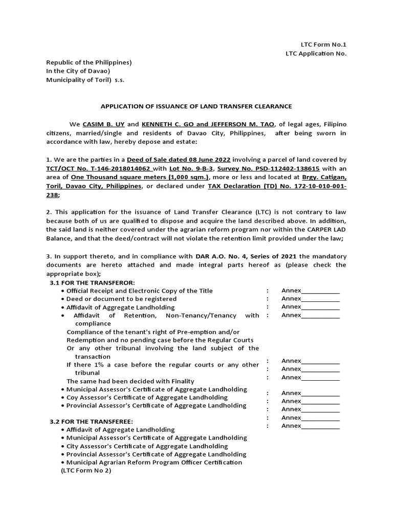 Land Transfer Clearance Application Form | PDF | Affidavit | Document