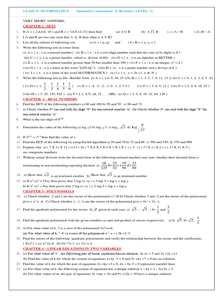 Mathematics Summative Assessment Questions Covering Sets, Real Numbers ...