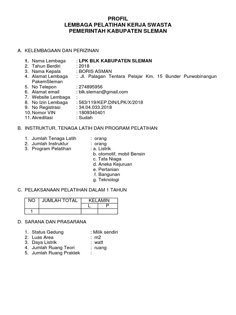 Profil Lembaga Pelatihan Kerja Swasta Pemerintah Kabupaten Sleman | PDF