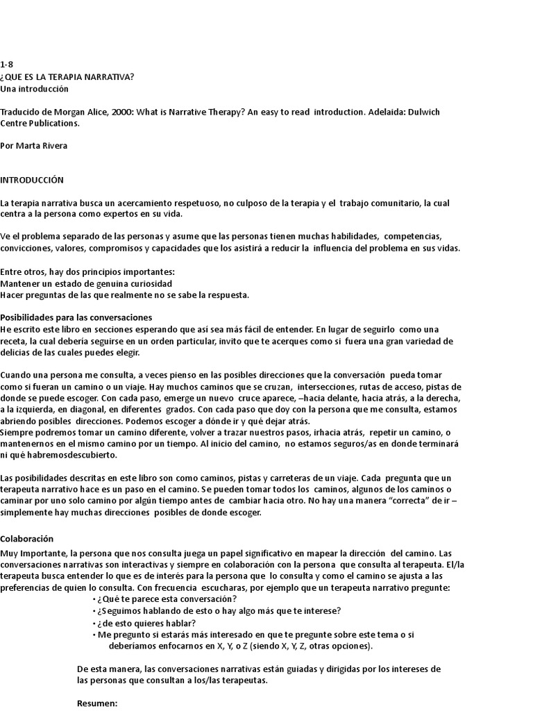 QUÉ ES LA TERAPIA NARRATIVA Traducido de Morgan Alice | PDF | Depresión (estado de ánimo) | Hora