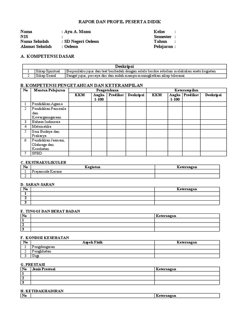 RAPOR DAN PROFIL PESERTA DIDIK - SD Negeri Oeleon | PDF RAPOR DAN PROFIL PESERTA DIDIK - SD Negeri Oeleon | PDF