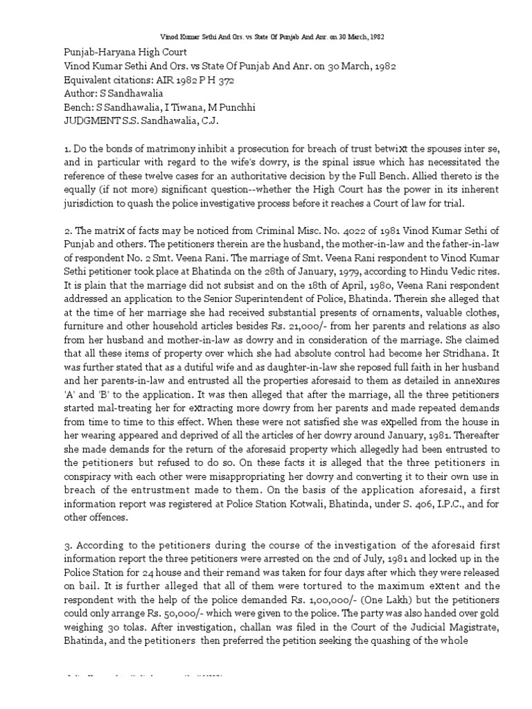 Vinod Kumar Sethi and Ors Vs State of Punjab and Anr On 30 March 1982 ...