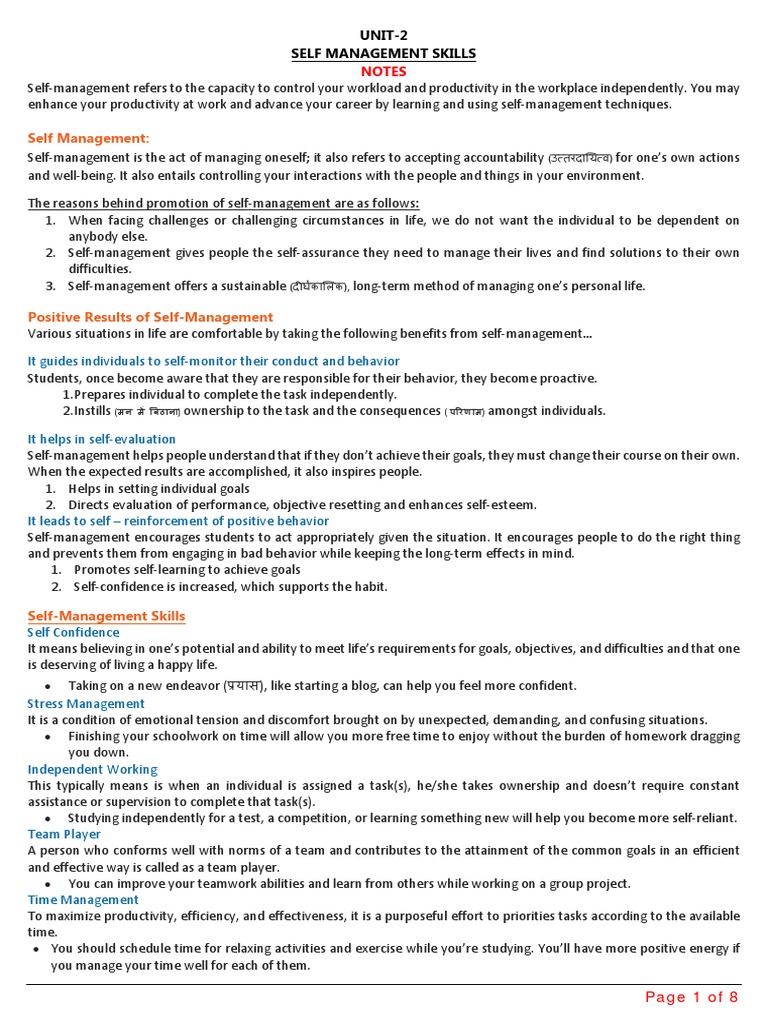 UNIT-2-NOTES - Self Management Skills-IX | PDF | Goal | Cognitive Science