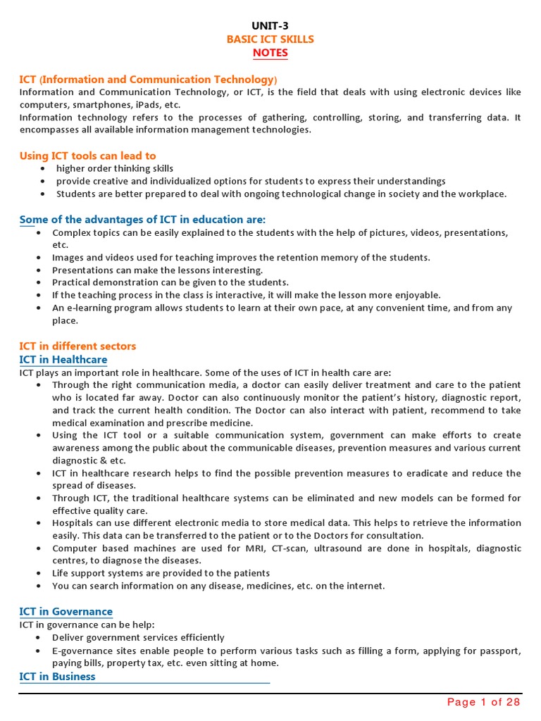 UNIT-3-NOTES - Basic ICT Skills-IX | PDF