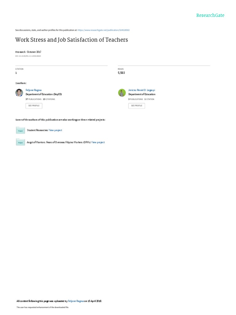 Work Stress and Job Satisfaction | PDF | Occupational Stress | Job ...